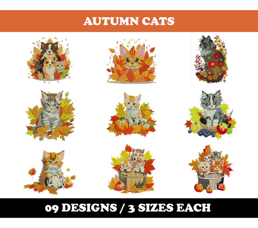 Autumn Cats (9 Designs) - Machine Embroidery Bundle, Fall Cats, Feline ...