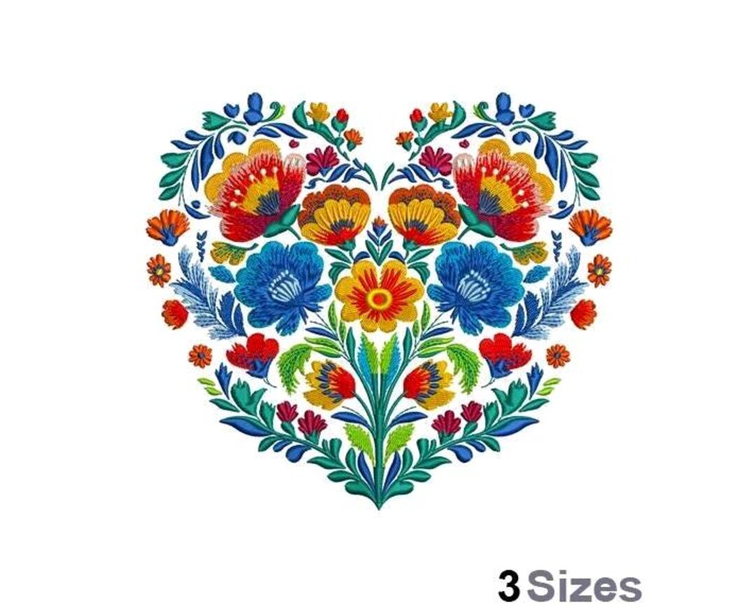Floral Folk Art Heart - Machine Embroidery Design - 3 Sizes - Etsy