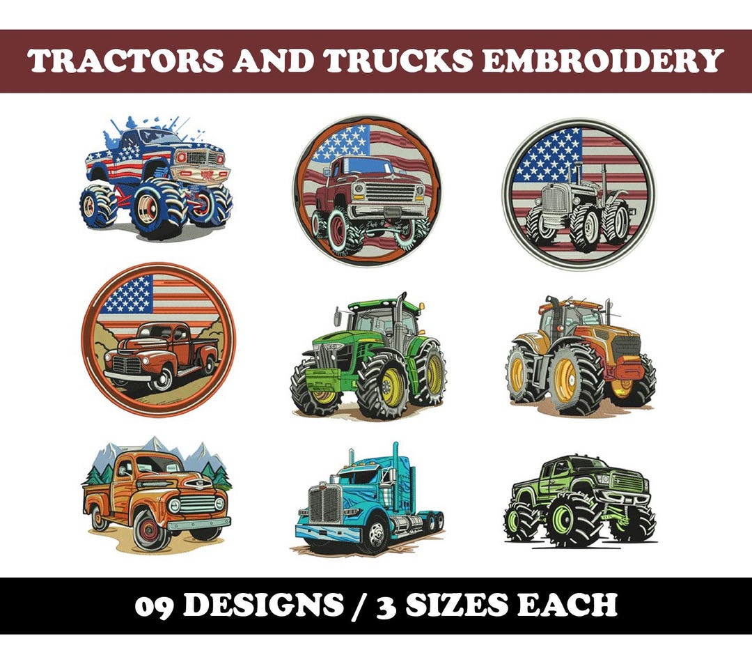 Farm Trucks & Tractors (9 Designs) - Machine Embroidery Bundle, Farming ...