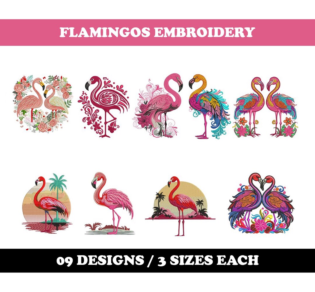 Flamingos (9 Designs) - Machine Embroidery Bundle, Tropical Birds, Pink ...