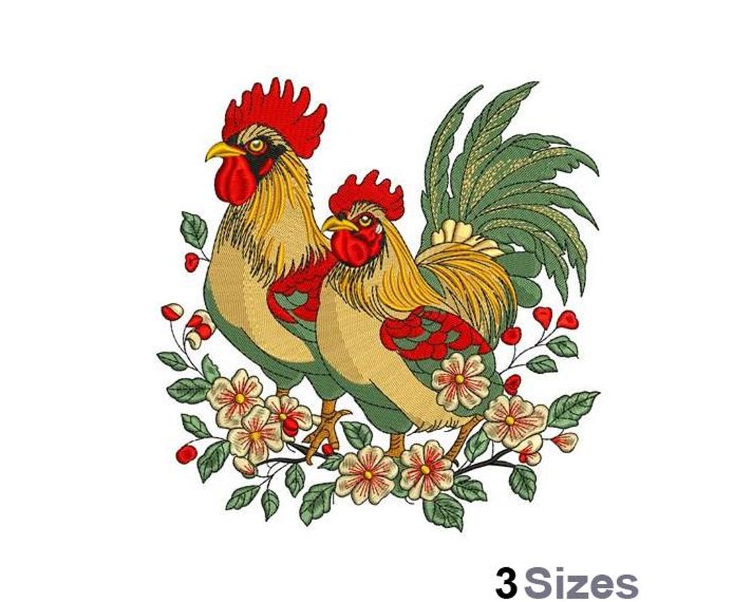 Floral Rooster & Hen - Machine Embroidery Design- 3 Sizes, Barn ...