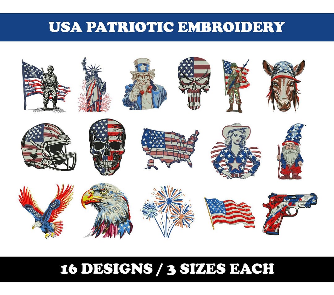 USA Patriotic (16 Designs) - Machine Embroidery Bundle, Patriotic ...