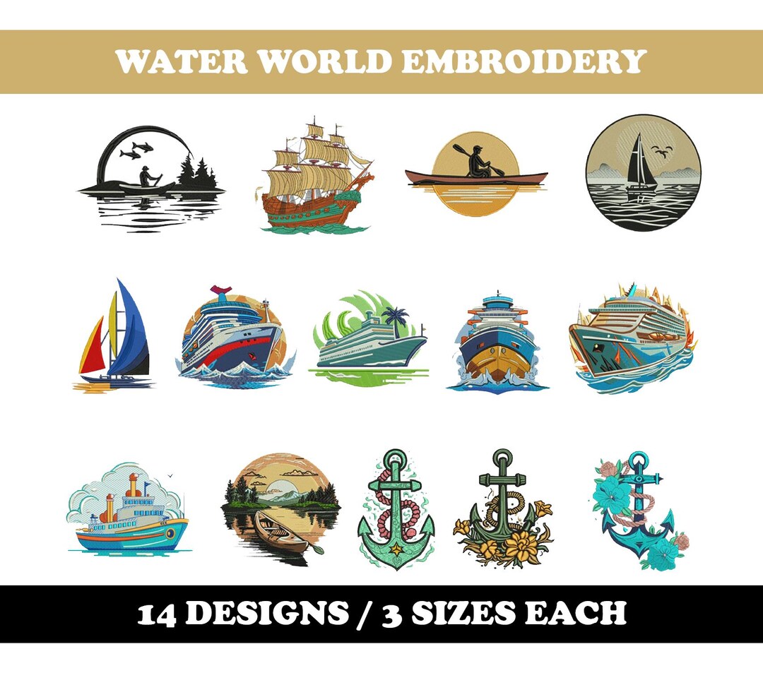 Boats & Ships (14 Designs) - Machine Embroidery Bundle, Kayak, Canoe ...