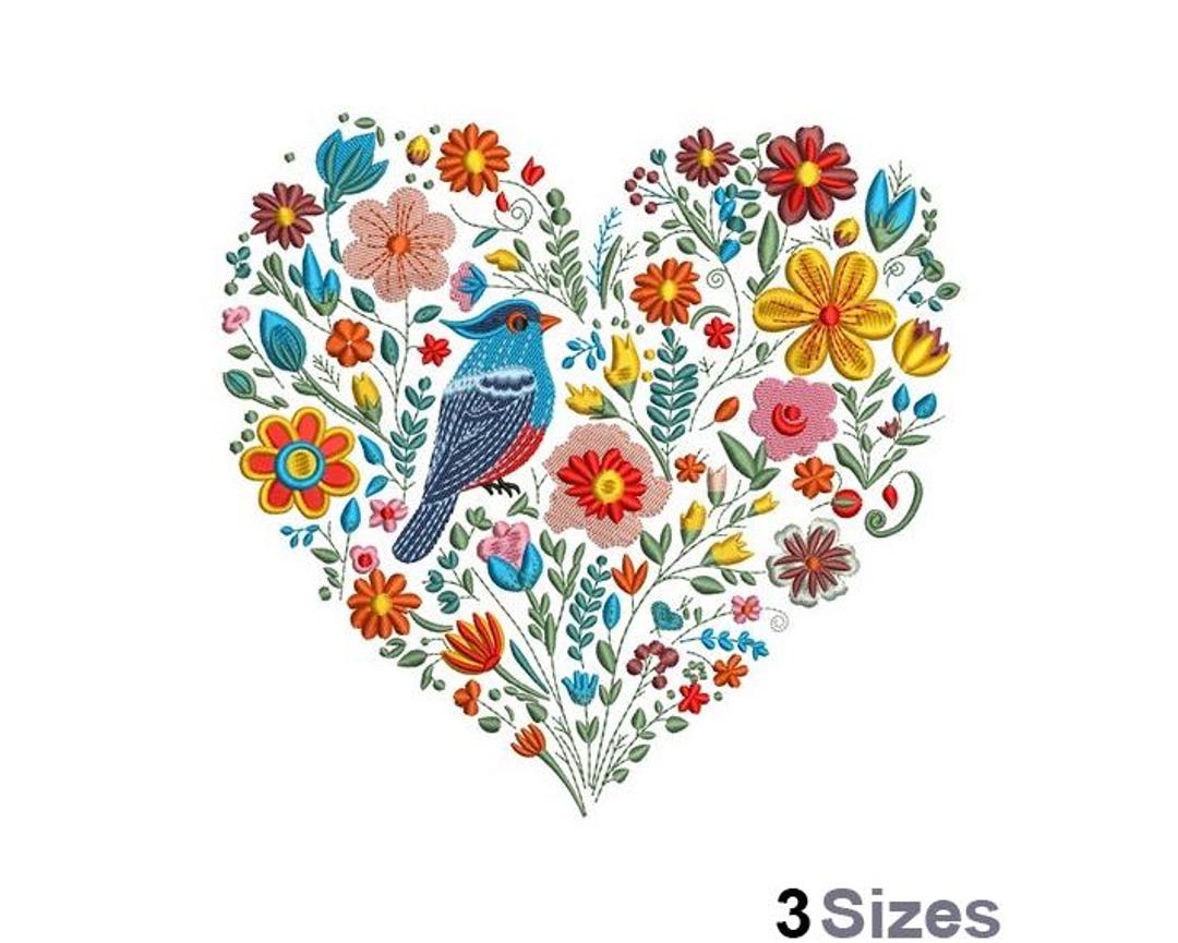 Bird in Floral Heart - Machine Embroidery Design - 3 Sizes - Etsy