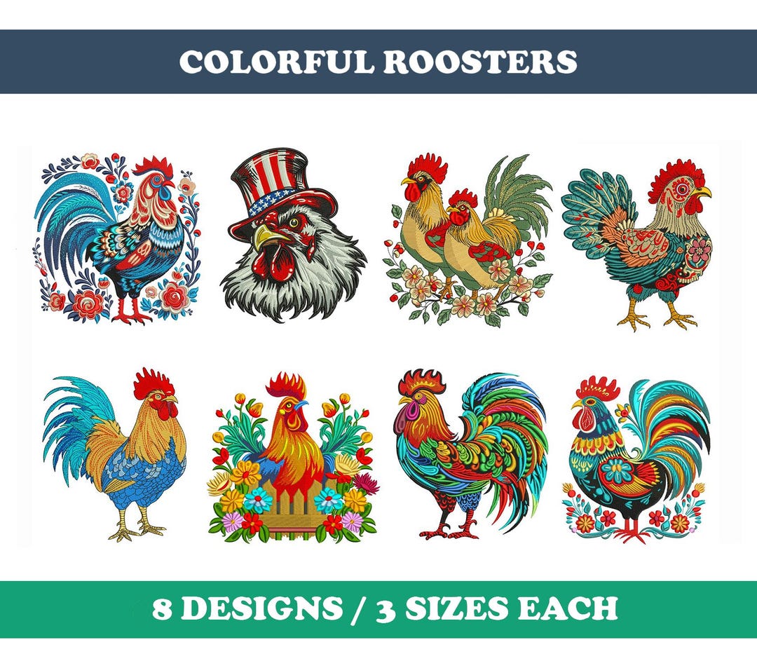 Colorful Roosters (8 Designs) - Machine Embroidery Bundle, Farm ...