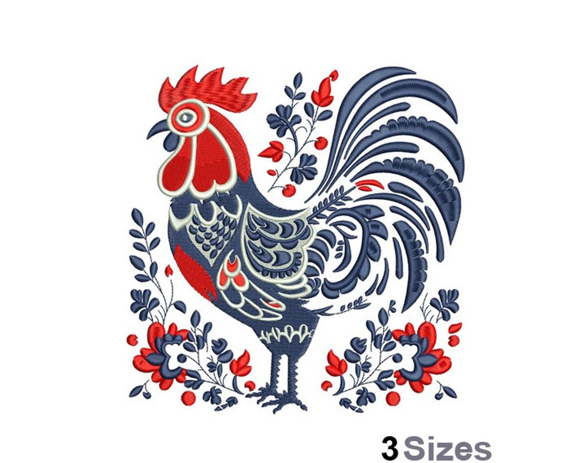 Folk Art Rooster Machine Embroidery Design 3 Sizes - Etsy