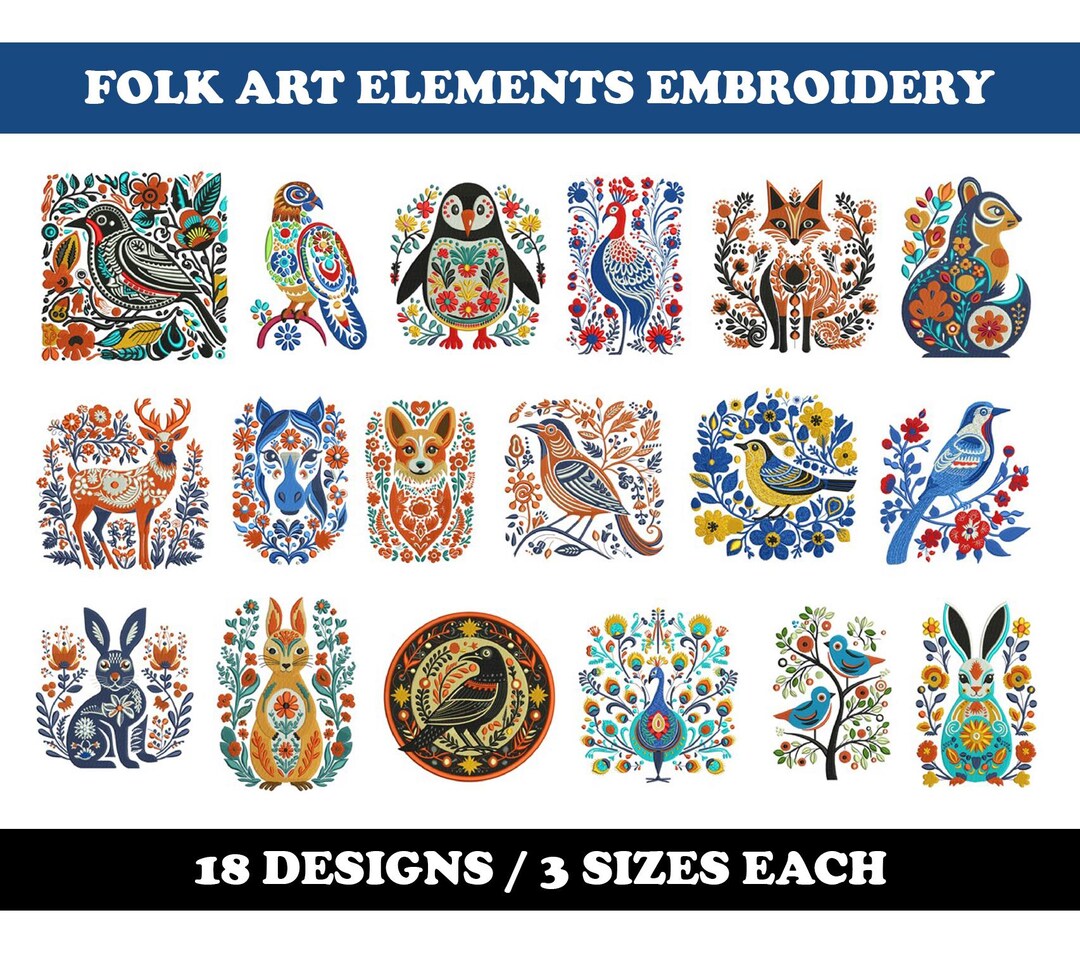 Folk Art Fauna (18 Designs) - Machine Embroidery Designs Bundle, Folk ...