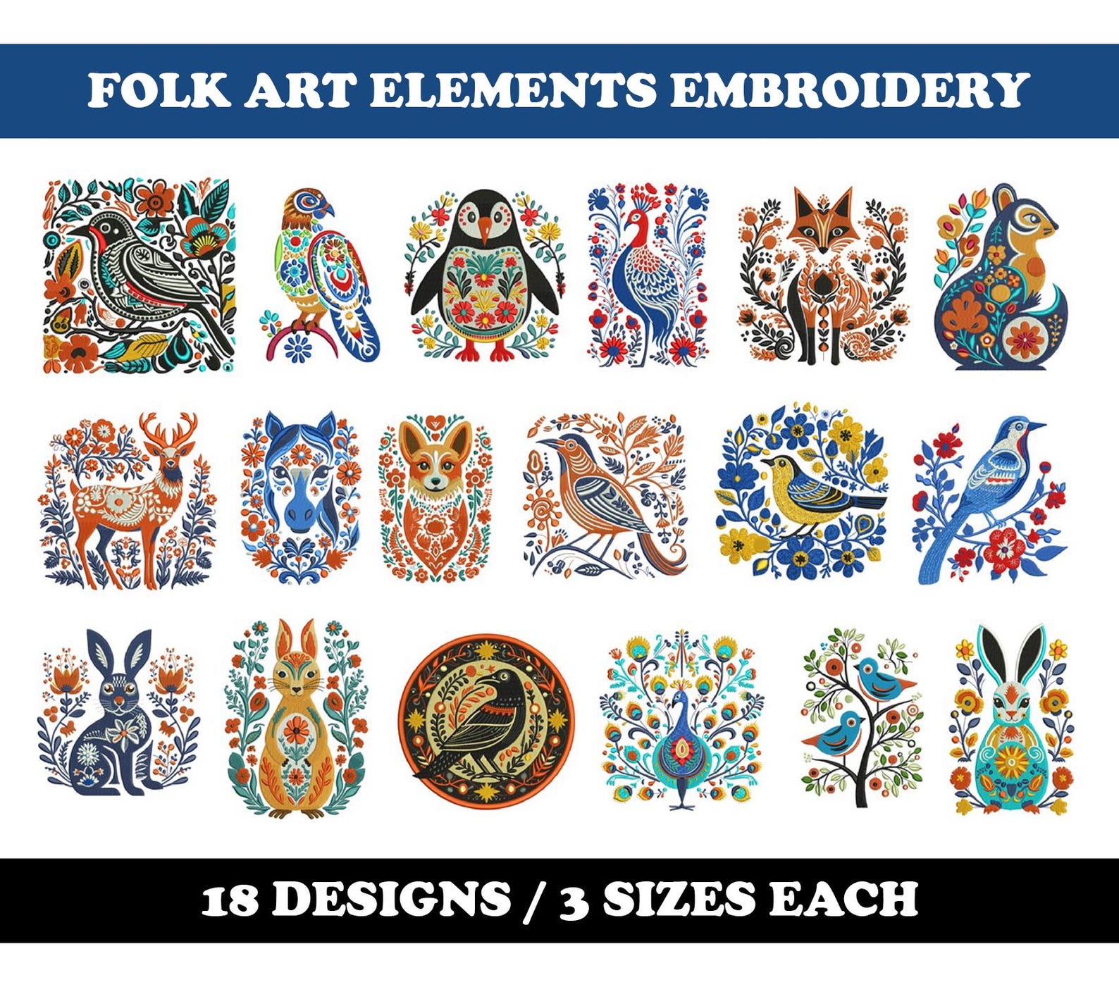 Folk Art Fauna (18 Designs) - Machine Embroidery Designs Bundle, Folk ...