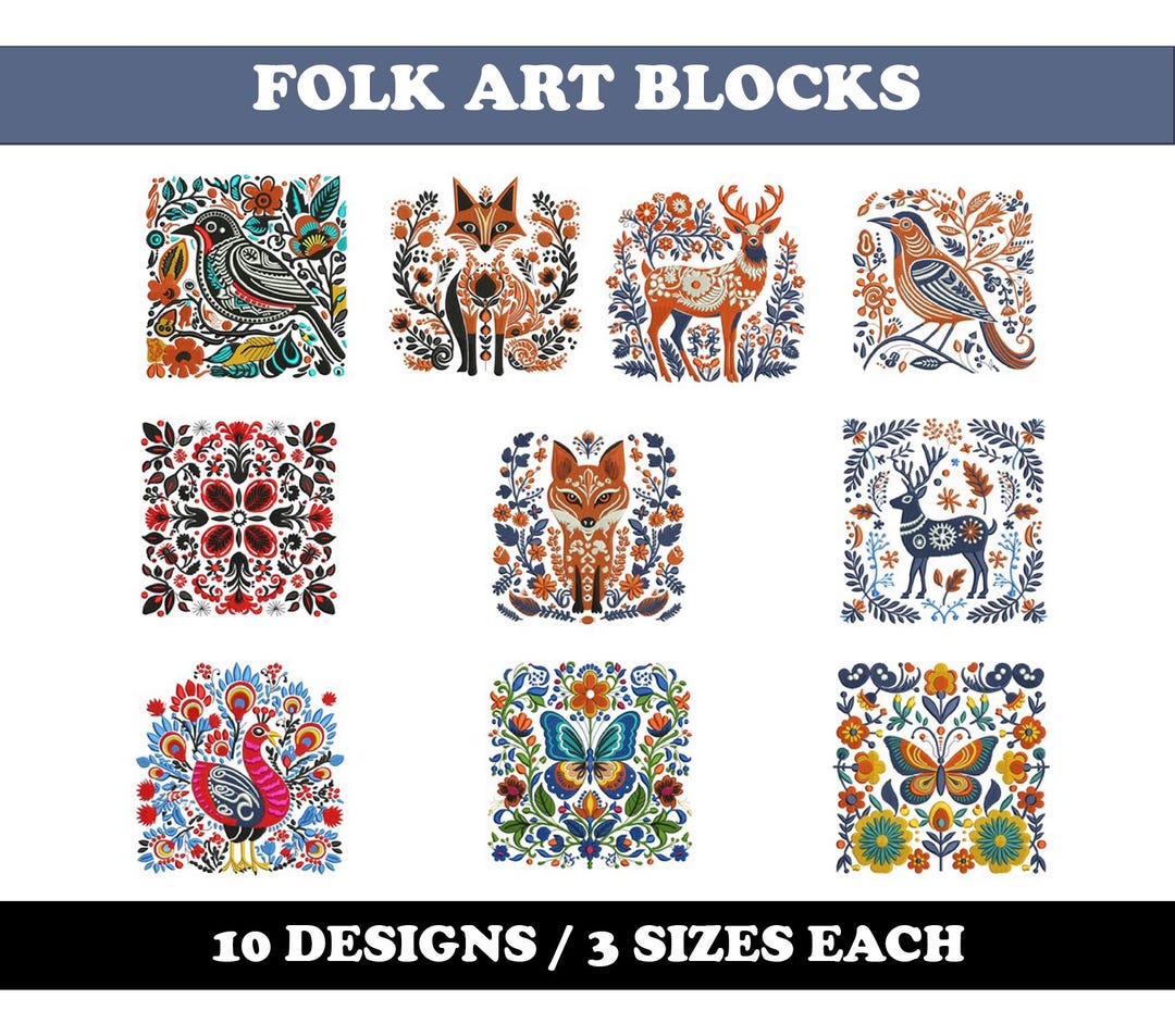 Folk Art Quilt Blocks (10 Designs) - Machine Embroidery Bundle, Rustic ...