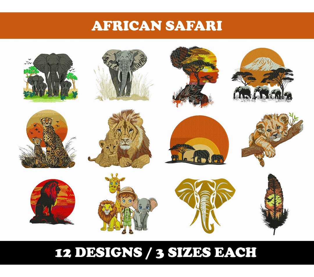 African Safari Animals (12 Designs) - Machine Embroidery Bundle, Lion ...