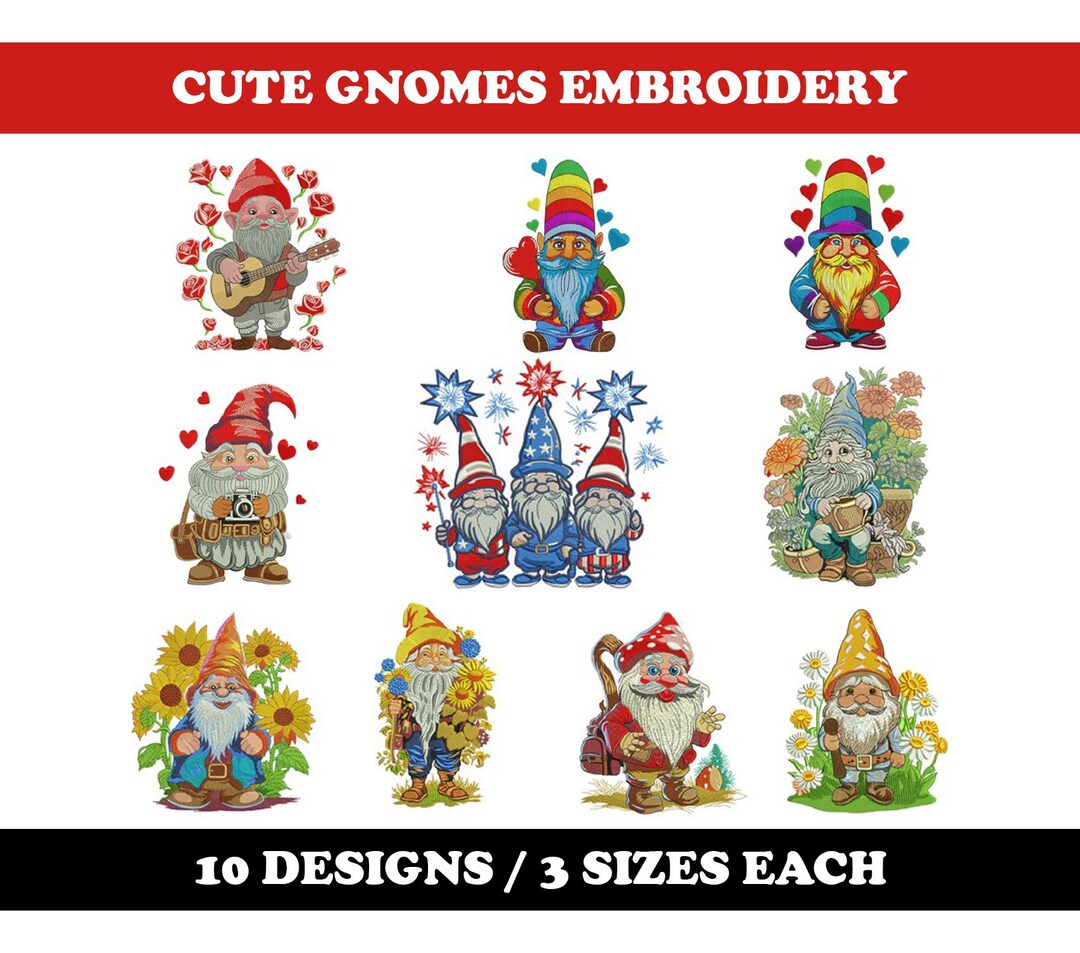 Cute Gnomes (10 Designs) - Machine Embroidery Bundle, Garden Gnomes ...