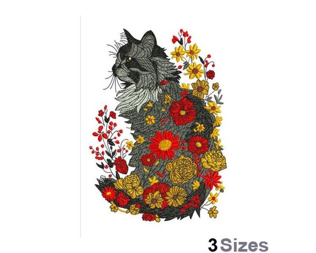 Cat in Flowers - Machine Embroidery Design - 3 Sizes - Etsy