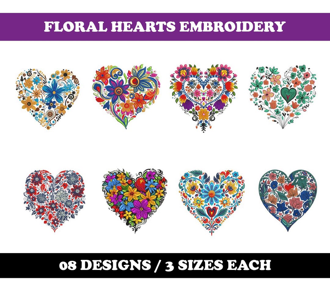 Floral Hearts (8 Designs) - Machine Embroidery Bundle, Valentine Spring ...