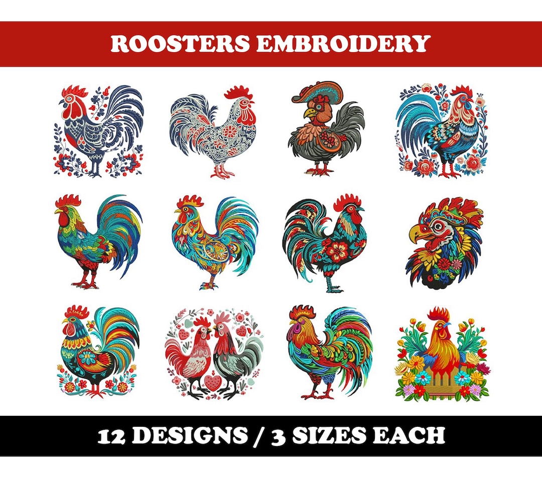 Roosters (12 Designs) - Machine Embroidery Bundle, Folk Art Rooster ...