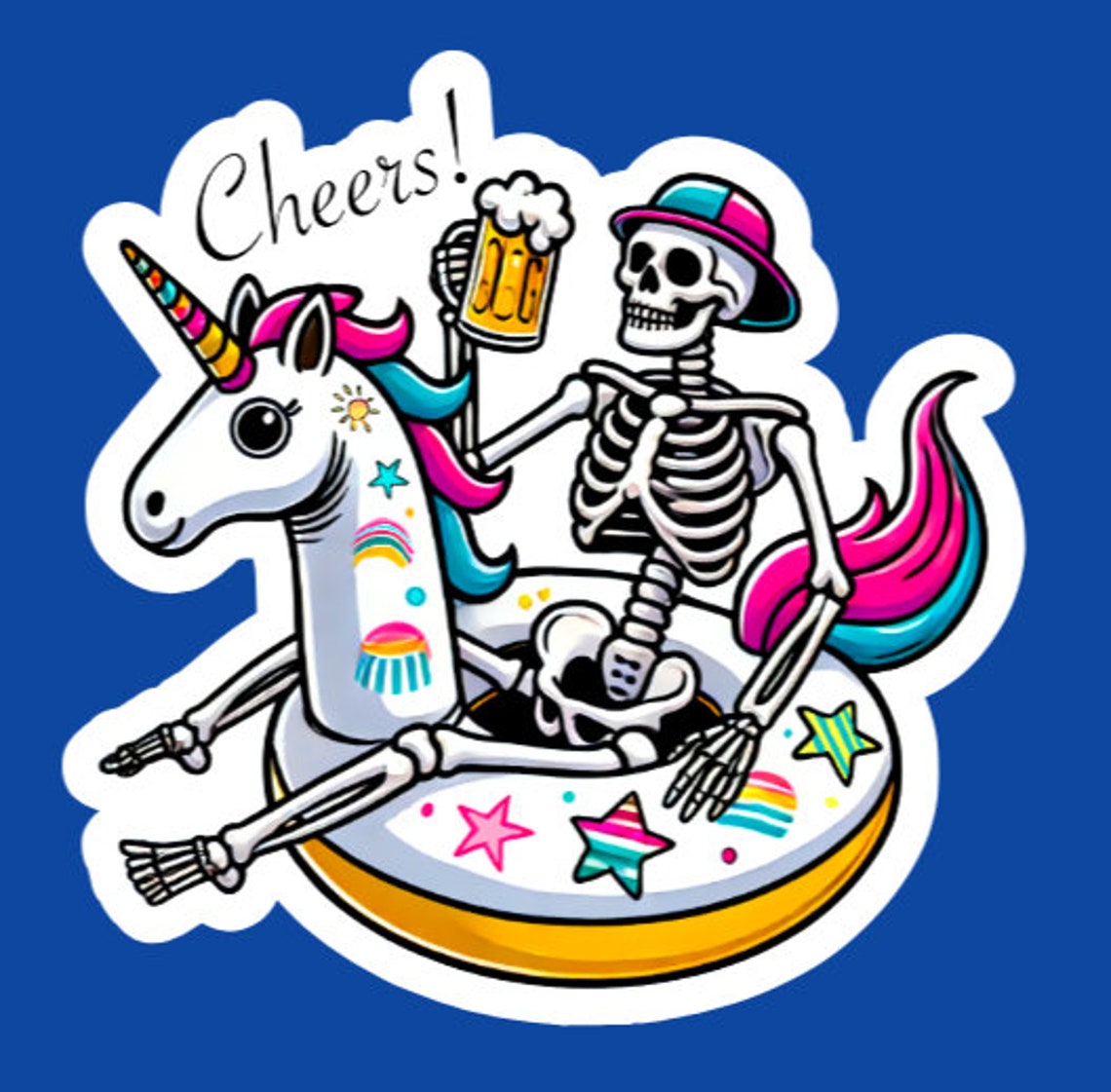 Skeleton in Unicorn Float Tube, Skeleton Drinking a Beer, Laptop ...