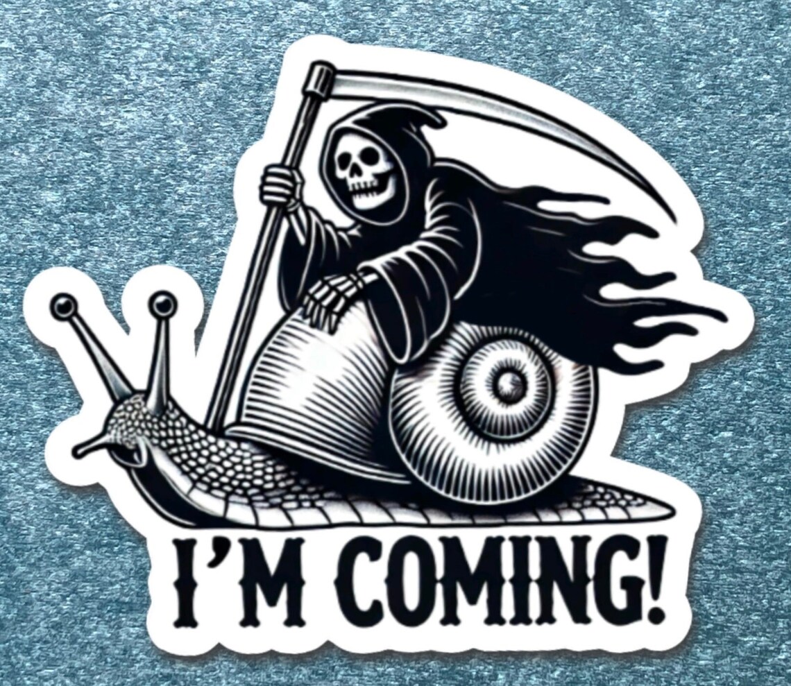 Grim Reaper Sticker, Grim Reaper Riding a Snail, Reaper Decals, Silly ...