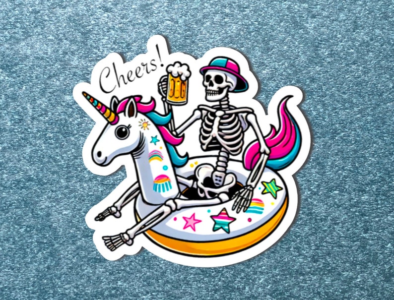 Skeleton in Unicorn Float Tube, Skeleton Drinking a Beer, Laptop Stickers, Skeleton Vinyl ...