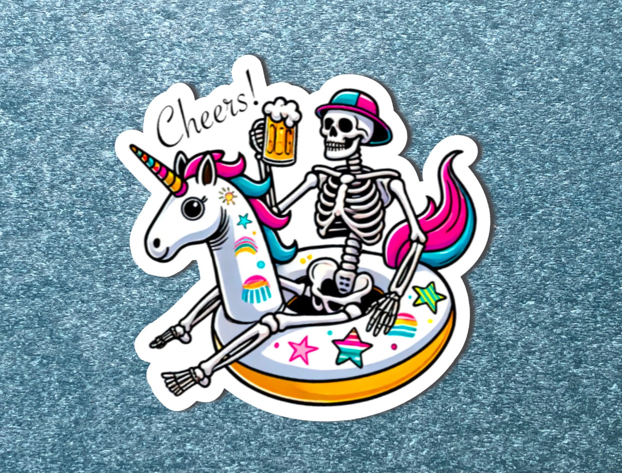 Skeleton in Unicorn Float Tube, Skeleton Drinking a Beer, Laptop ...