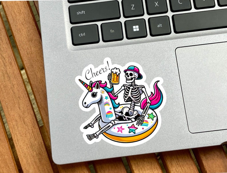 Skeleton in Unicorn Float Tube, Skeleton Drinking a Beer, Laptop Stickers, Skeleton Vinyl ...