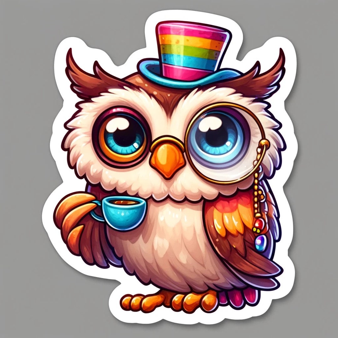 Owl Enjoying Tea Vinyl Sticker, Cute Owls, Owl Laptop Stickers, Water ...