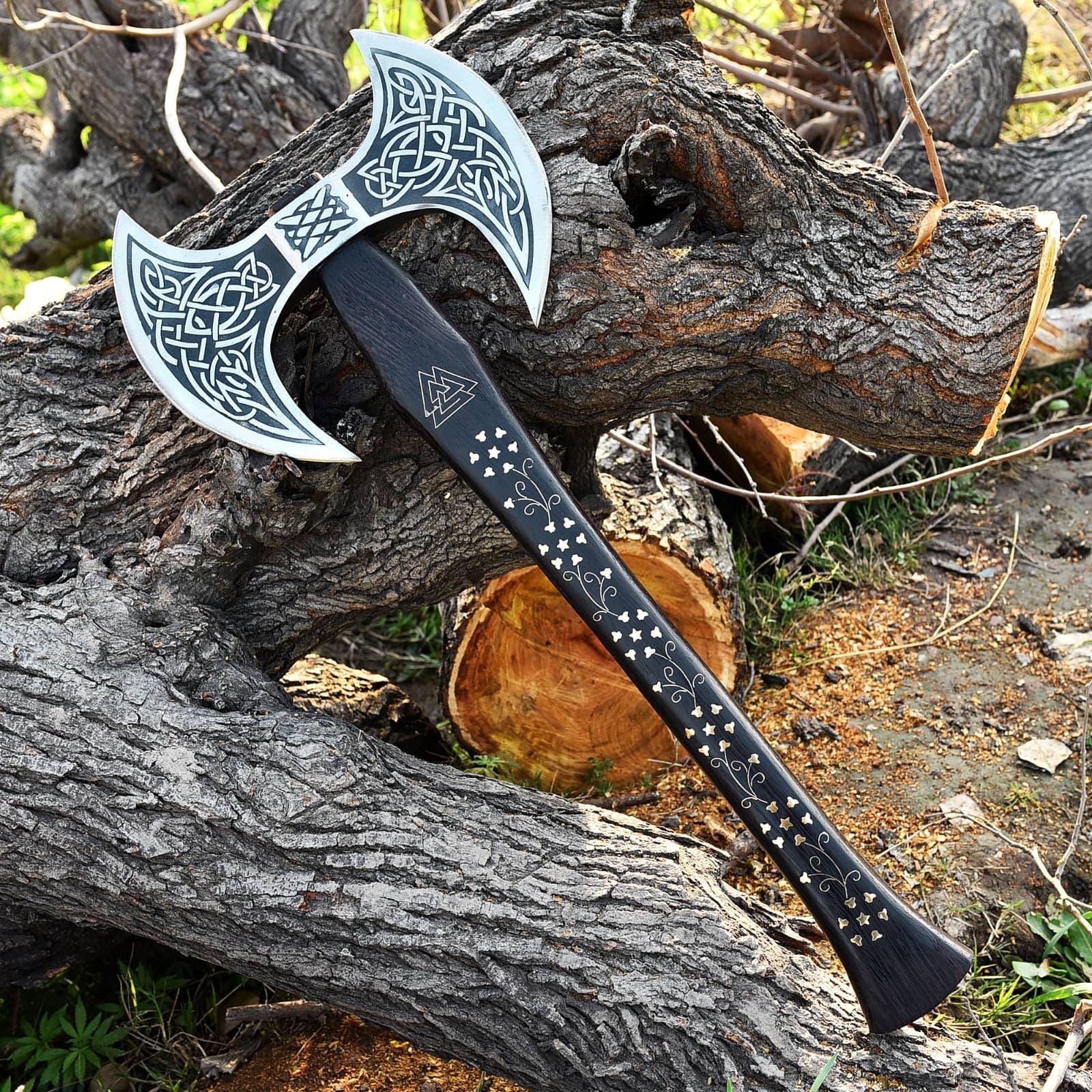 Medieval Warrior Double Headed Battle Axe With Leather Sheath, Labrys, Handmade Carbon Steel Two ...