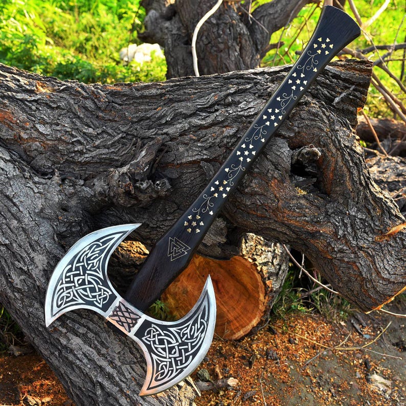 Medieval Warrior Double Headed Battle Axe With Leather Sheath, Labrys, Handmade Carbon Steel Two ...