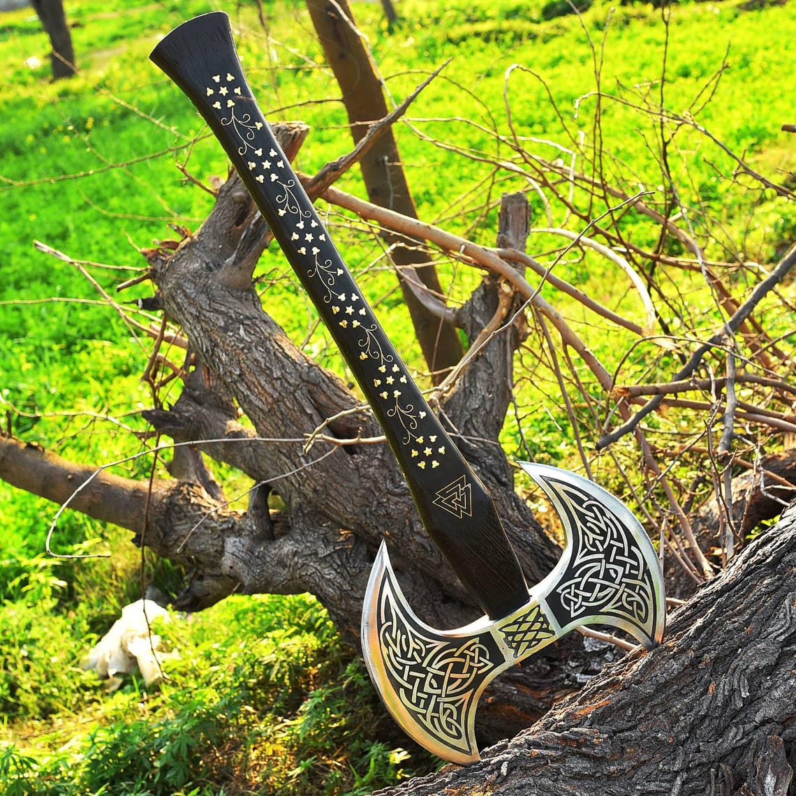 Medieval Warrior Double Headed Battle Axe With Leather Sheath, Labrys, Handmade Carbon Steel Two ...