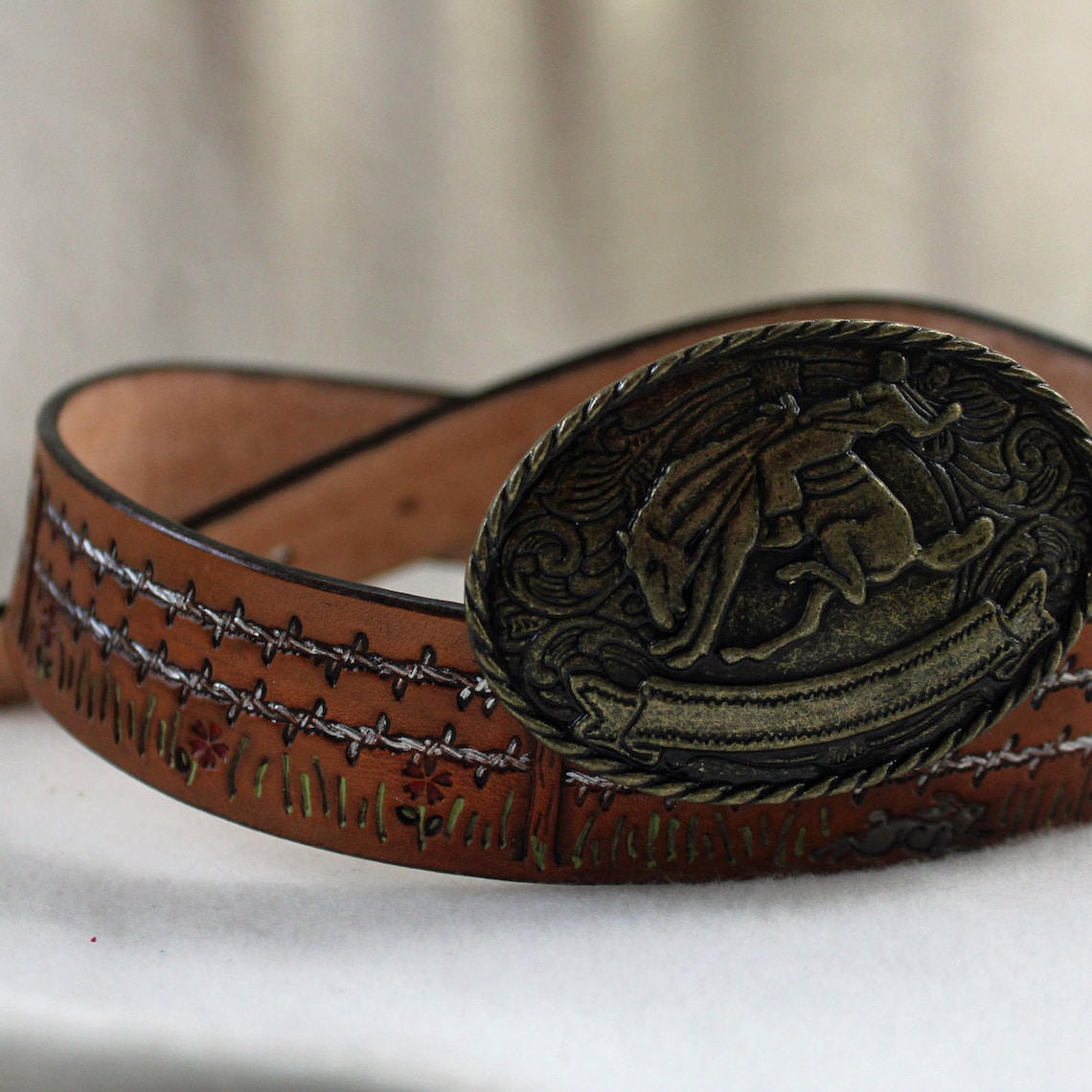 Hand Tooled Leather Belt With Barbed Wire Fence and Wildlife - Etsy