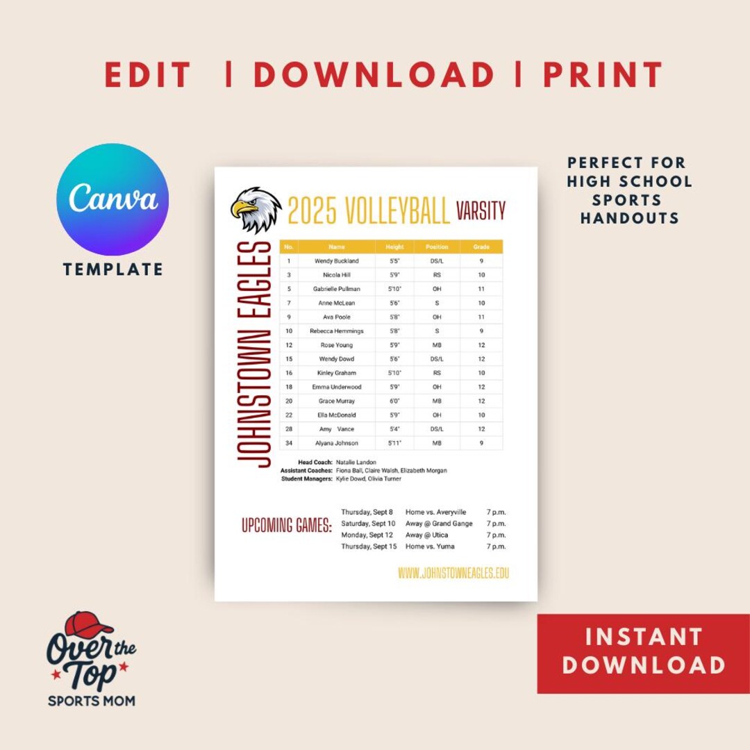 Editable Volleyball Roster Template: Printable Game Program (8.5x11 ...