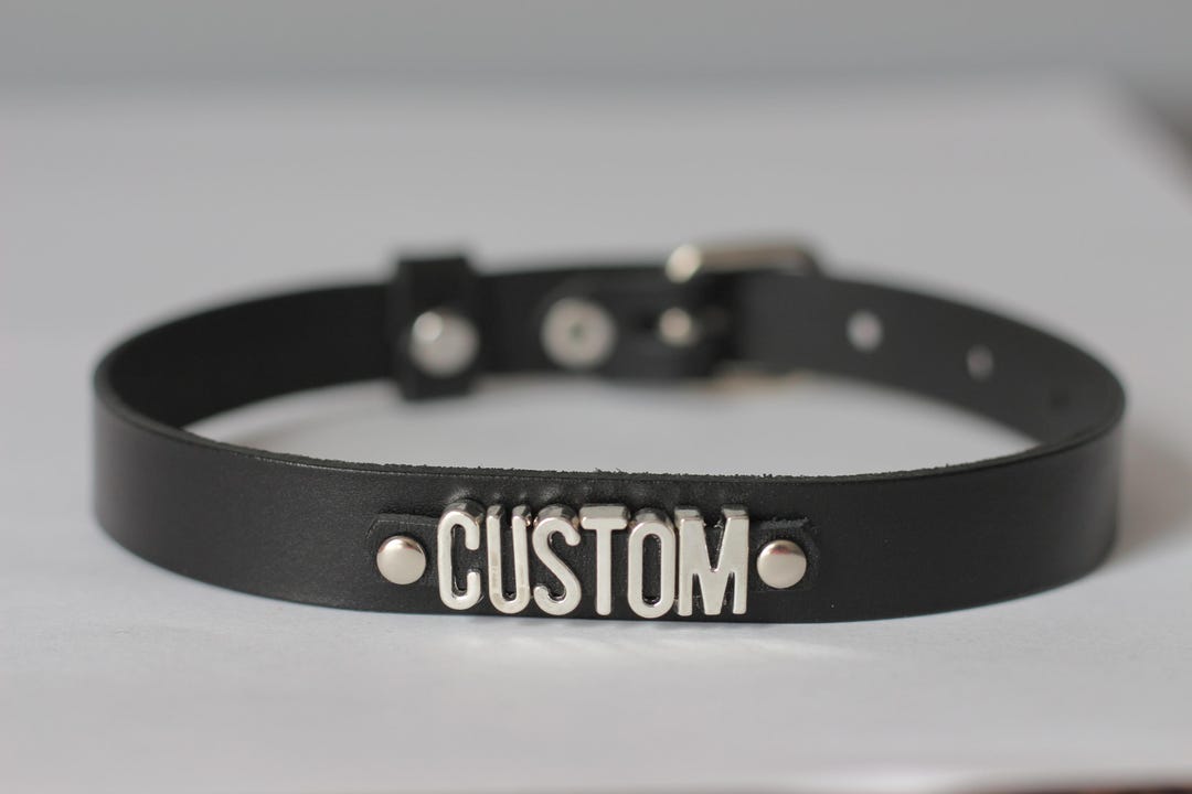 Leather Collar With Custom Metal Letters - Personalized BDSM Choker ...