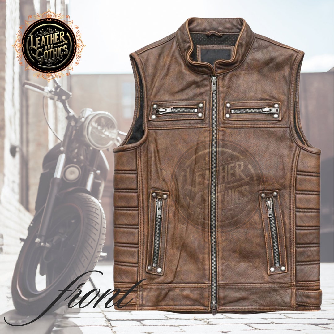 100% Genuine Leather Sleeveless Vest for Men, Leather Biker Vest ...