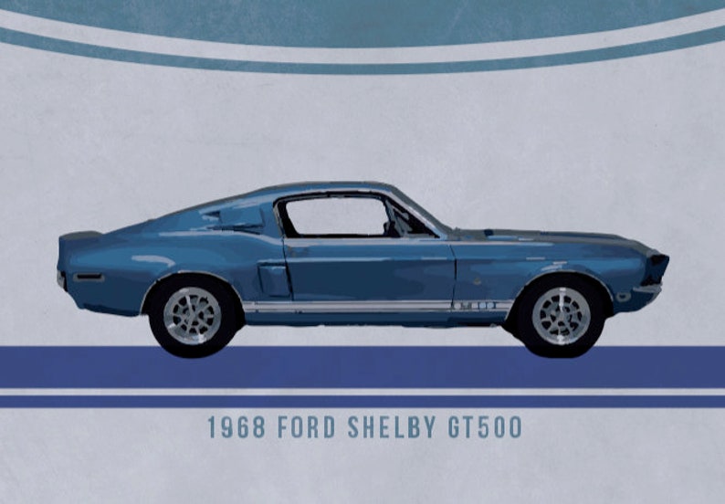 Ford Inspired Poster With Acapulco Blue 68 GT500 Shelby Mustang ...