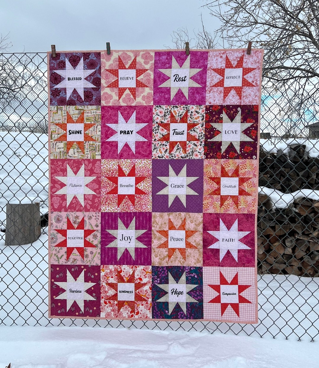 Quilt Modern Throw 50x63 Star Words Patchwork Handmade Pink Orange ...