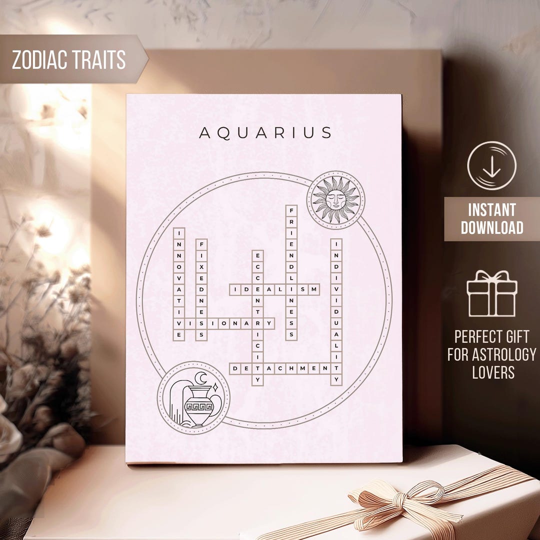 Aquarius Zodiac Gift Crossword Poster, Instant Download January and February Birthday Print ...