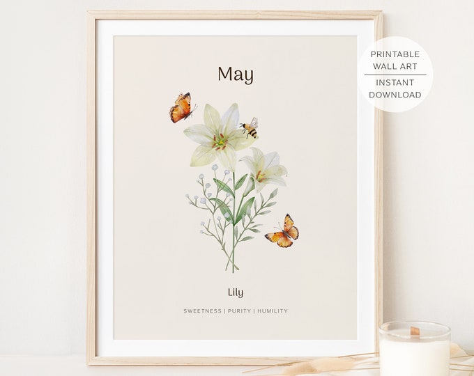 LILY May Birth Month Flower Printable Wall Art, Lily Birth Flower ...