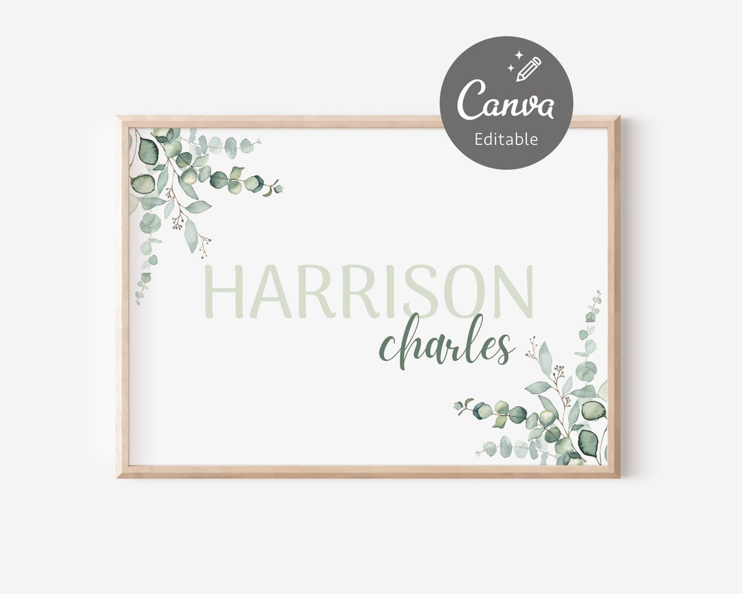 Editable Child Baby Name Template, Eucalyptus Nursery Canva Template ...