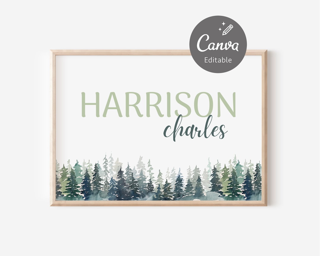 Editable Boy Baby Name Template, Pine Trees Nursery Canva Template ...
