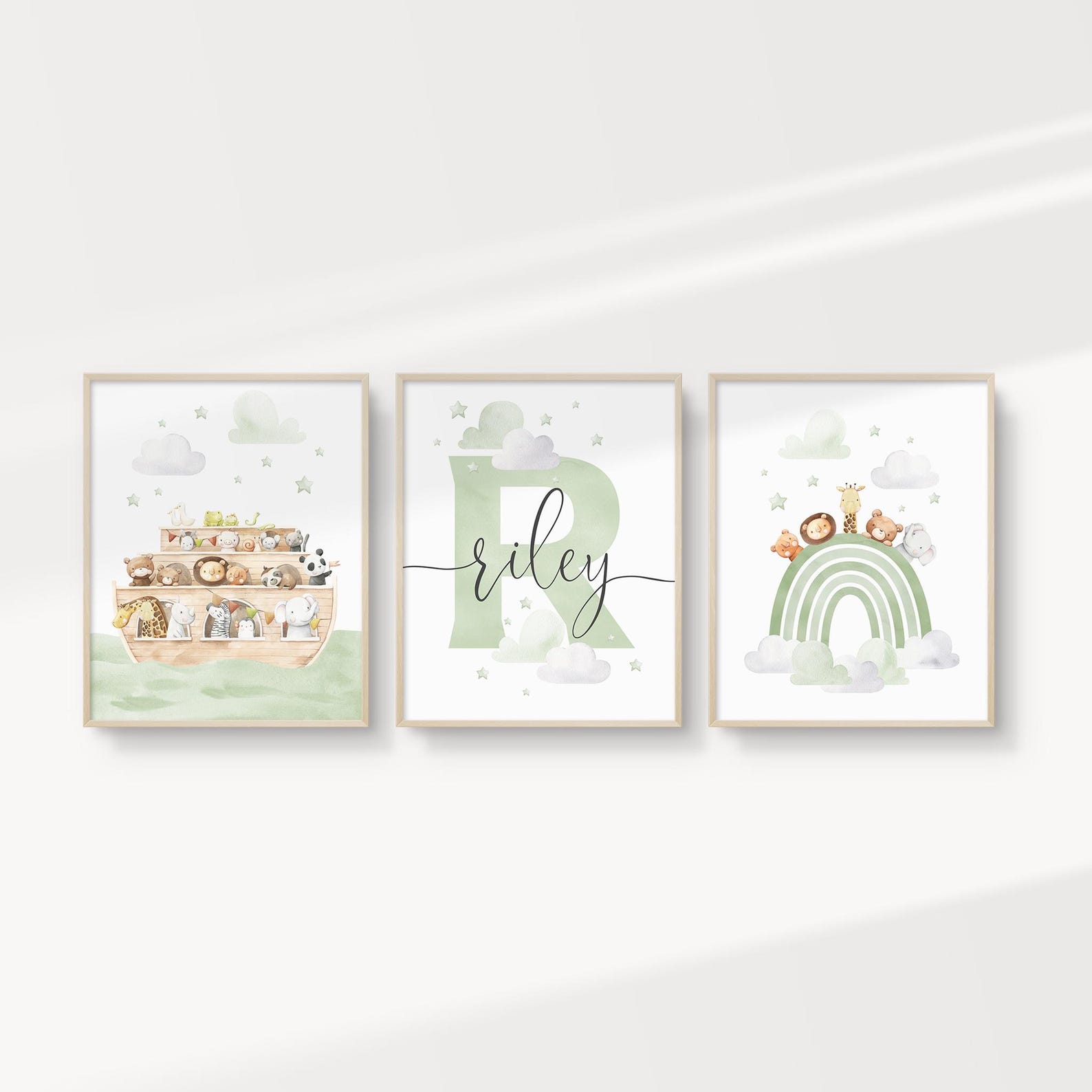 Personalised Noah’s Ark Nursery Printable Wall Art, Set of 3, Safari ...