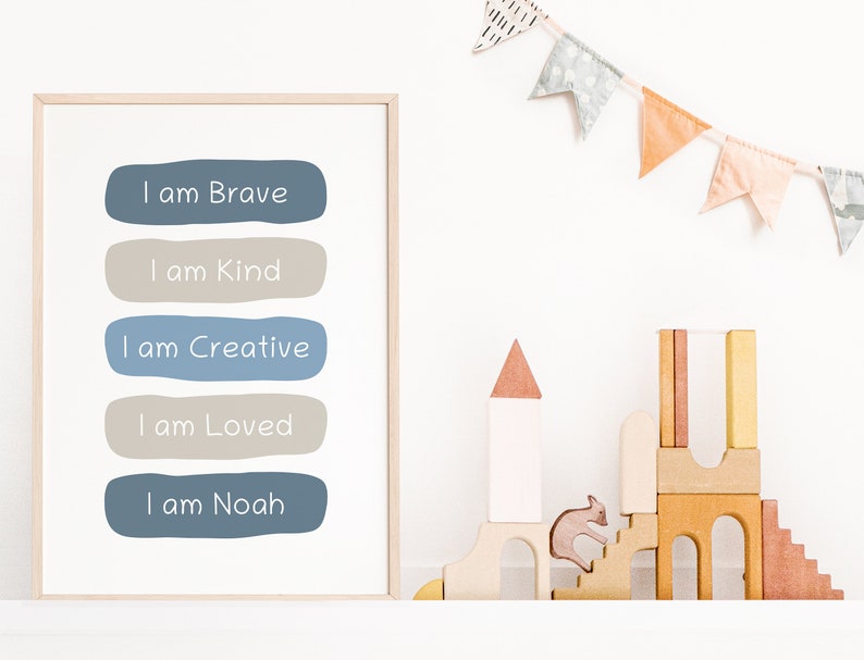 Personalised BOHO Affirmations Printable Wall Art, Name Print, Blue Set ...
