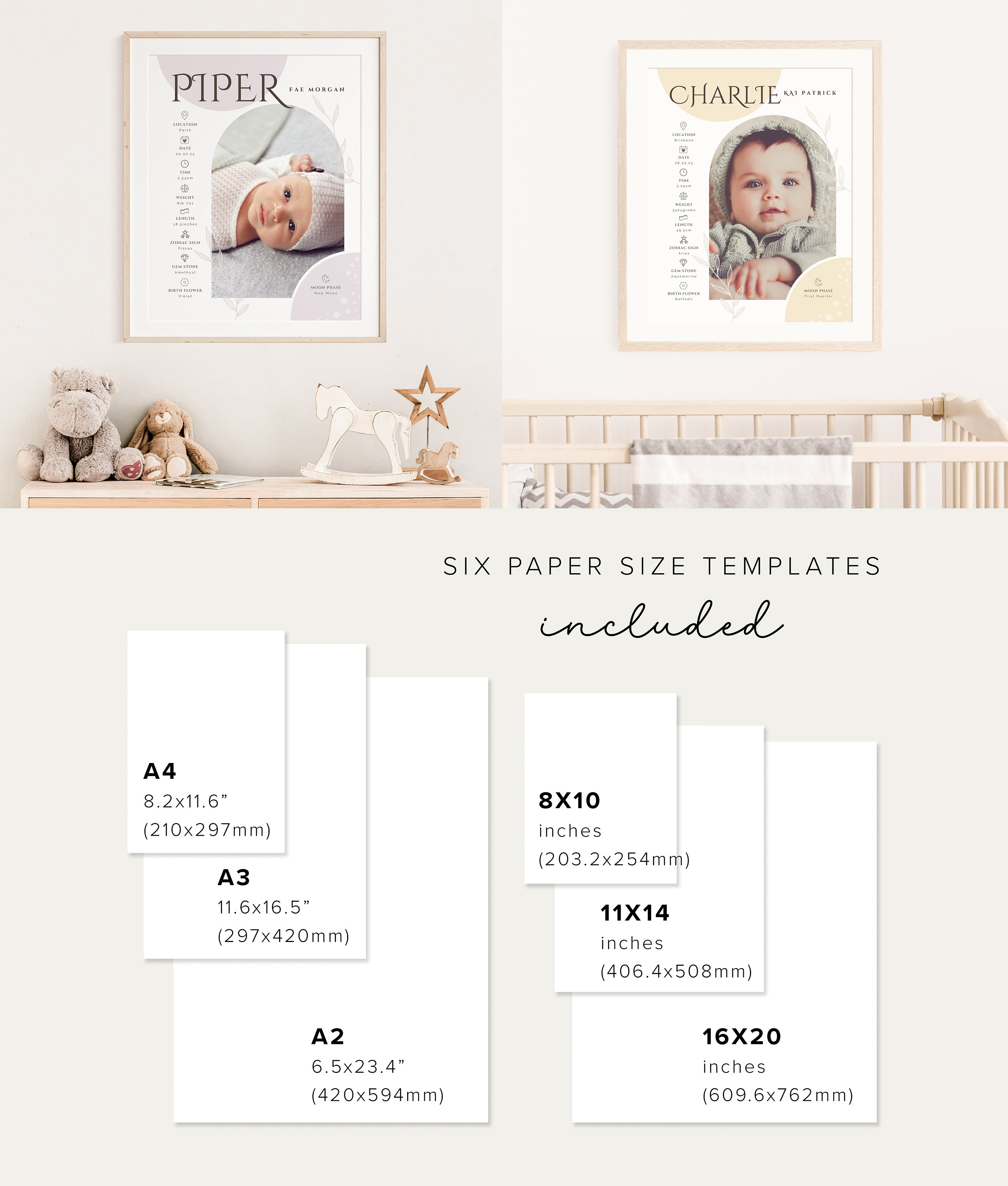 Editable Baby Stats Birth Poster Canva Template, Modern Moon Phase ...