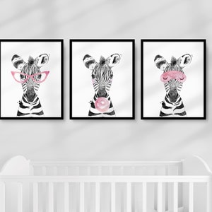 Black and White Pink ZEBRA Printable Wall Art Set of 3, Quirky Kids Art ...