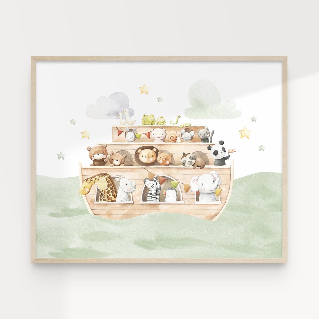 Noah's Ark Printable Wall Art, Baby Animals Nursery Decor, Green ...