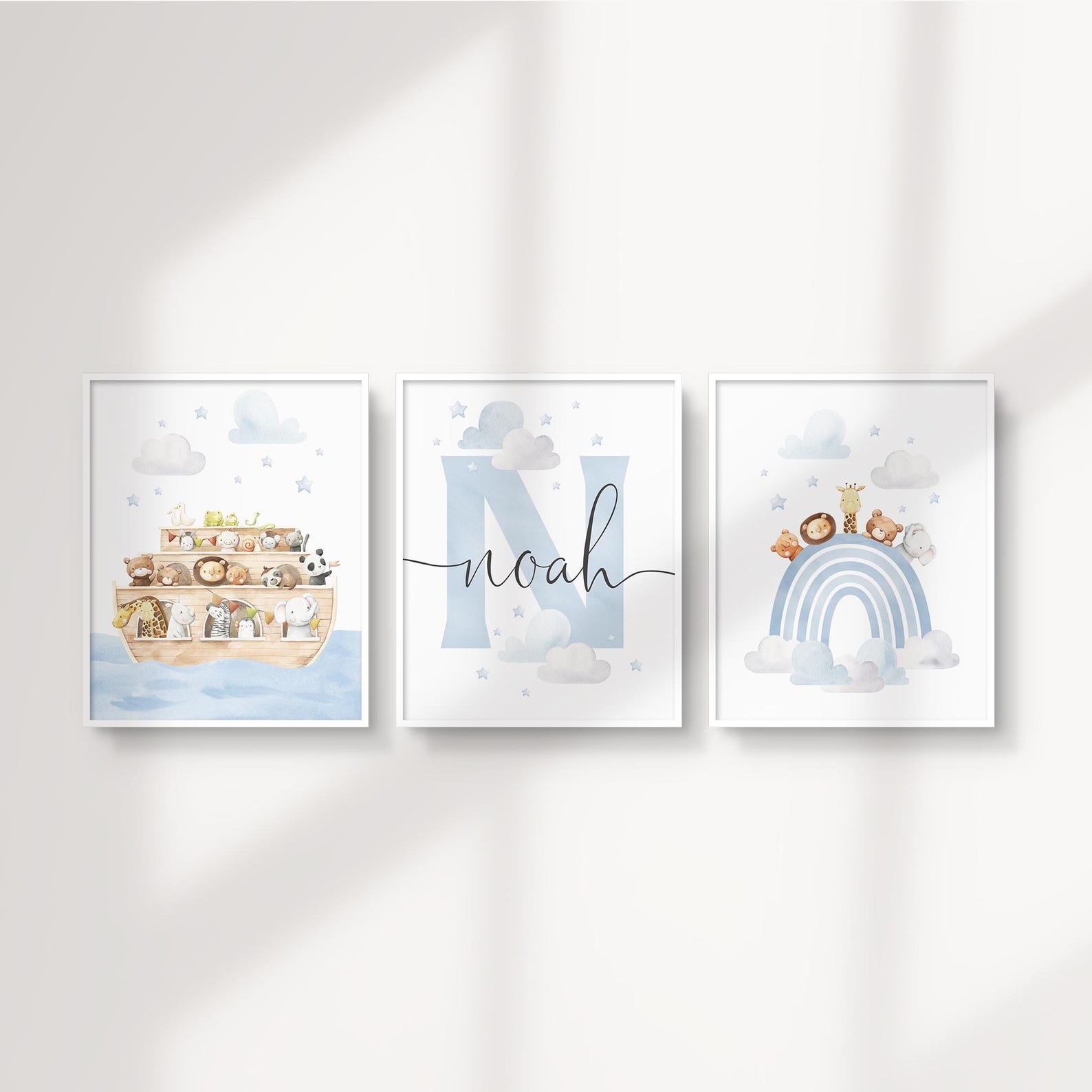 Personalised Noah’s Ark Nursery Printable Wall Art, Set of 3, Safari ...