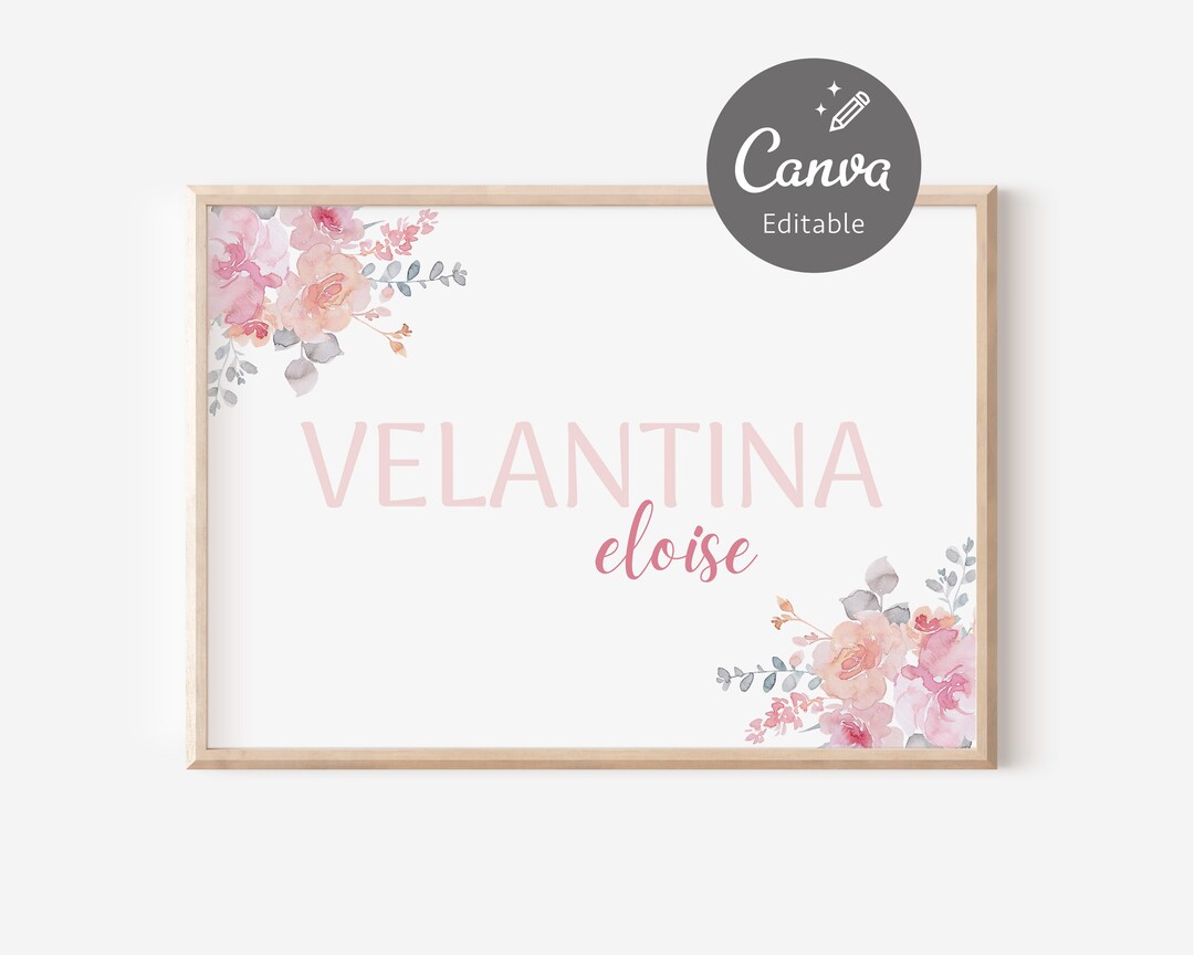 Editable Girl Baby Name Template, Blush Floral Nursery Canva Template ...