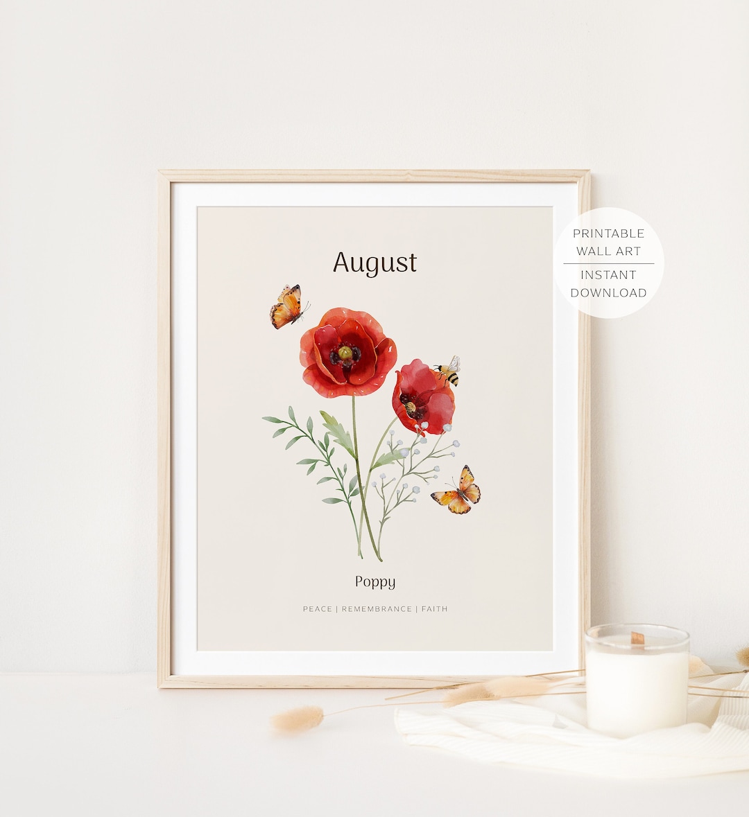 POPPY August Birth Month Flower Printable Wall Art, Water Poppy Birth ...