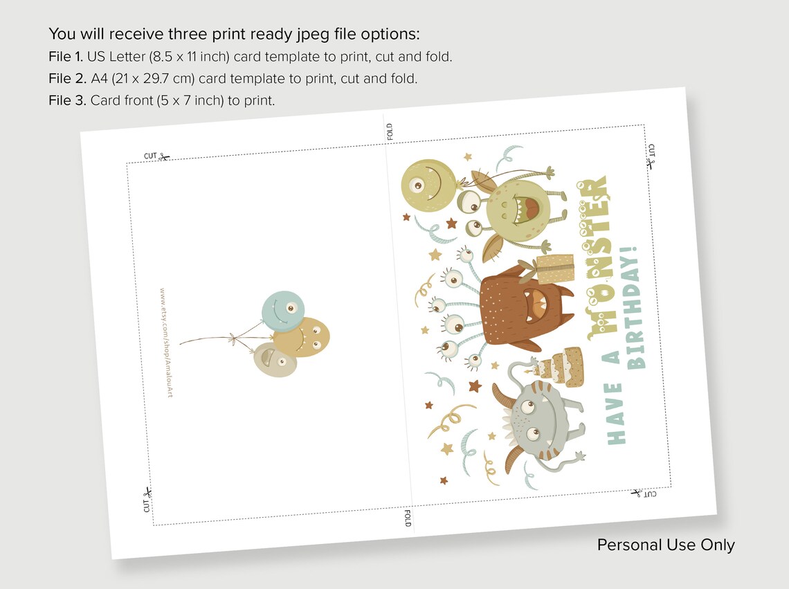 Happy Monsters, Kids Printable Birthday Card | Instant Download - Etsy