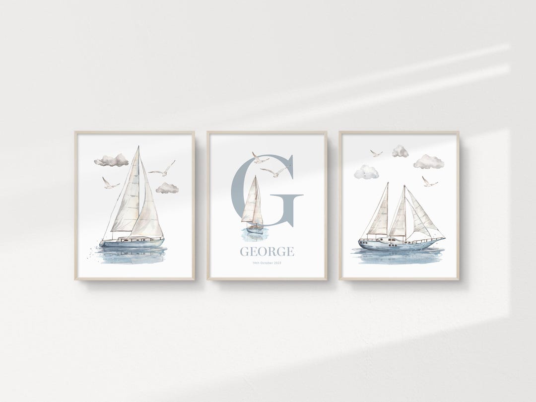 Personalised Nautical Sailboat Printable Wall Art, Set of 3, Nautical ...