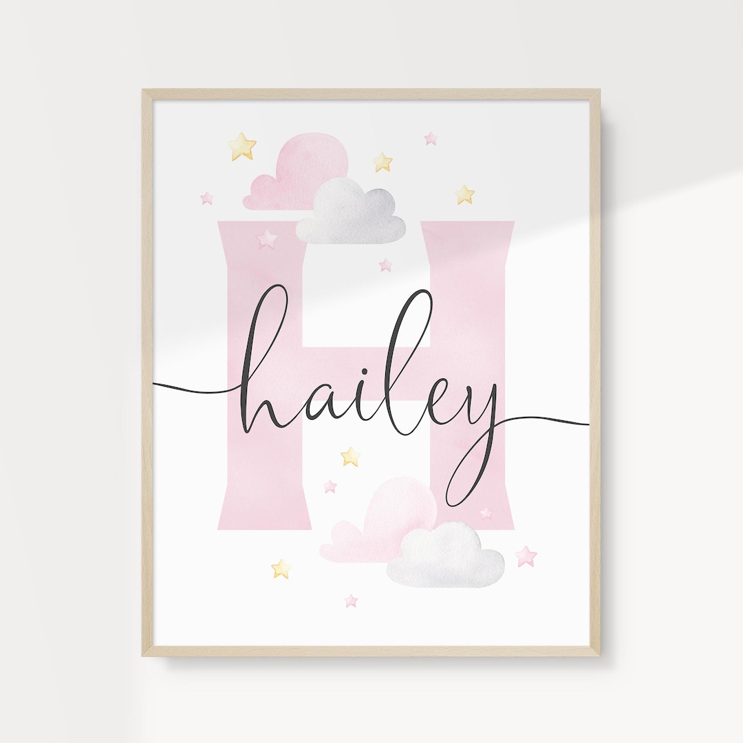 Personalised Pink Letter Name Printable Wall Art, Clouds and Stars ...