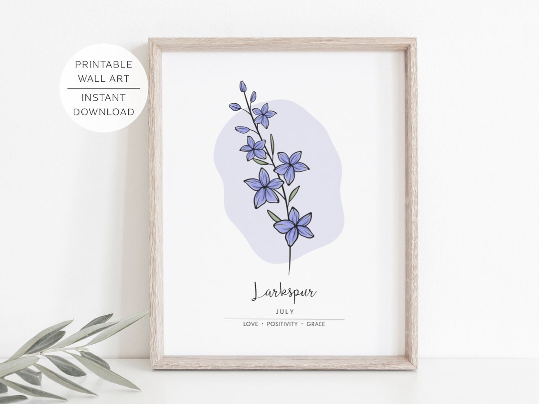 Larkspur July Birth Flower Printable Wall Art, Modern Boho Decor ...