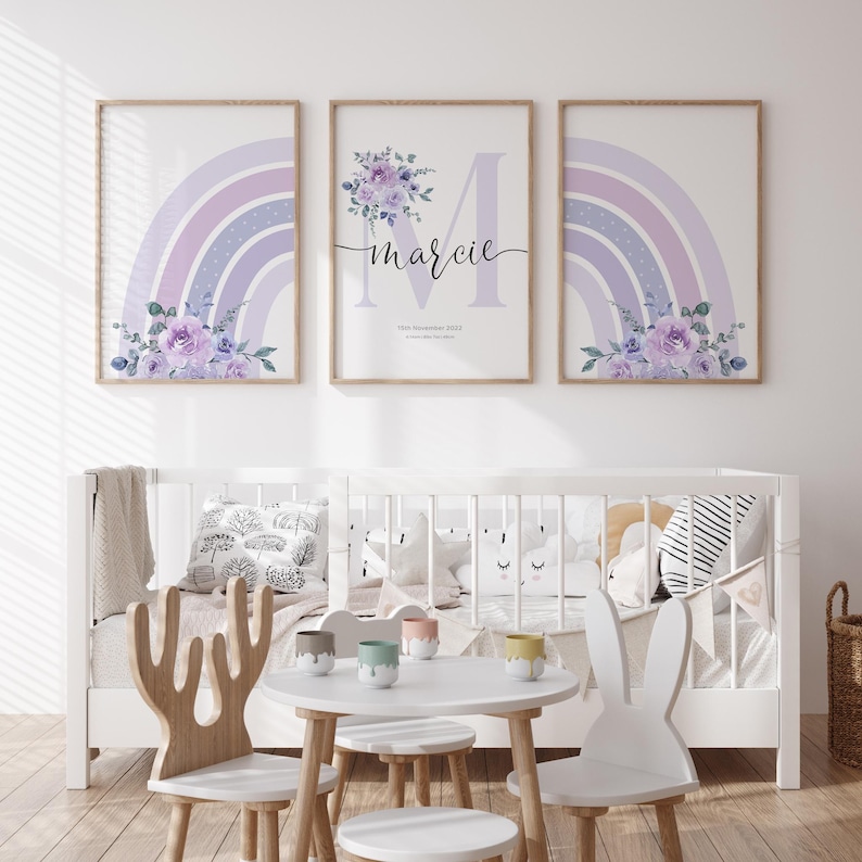 Soft Lilac Floral Rainbow Personalised Letter Name Printable Girls Wall ...